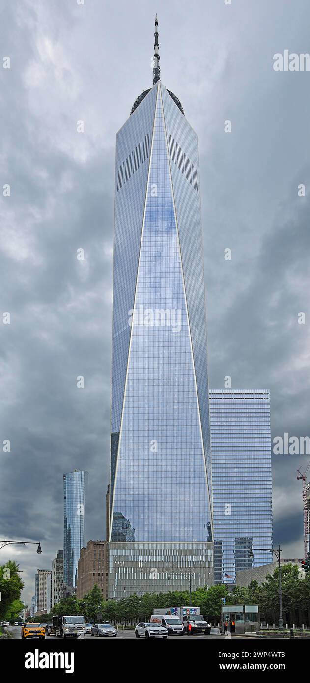 Skyscraper One World Trade Center or Freedom Tower under a grey sky ...