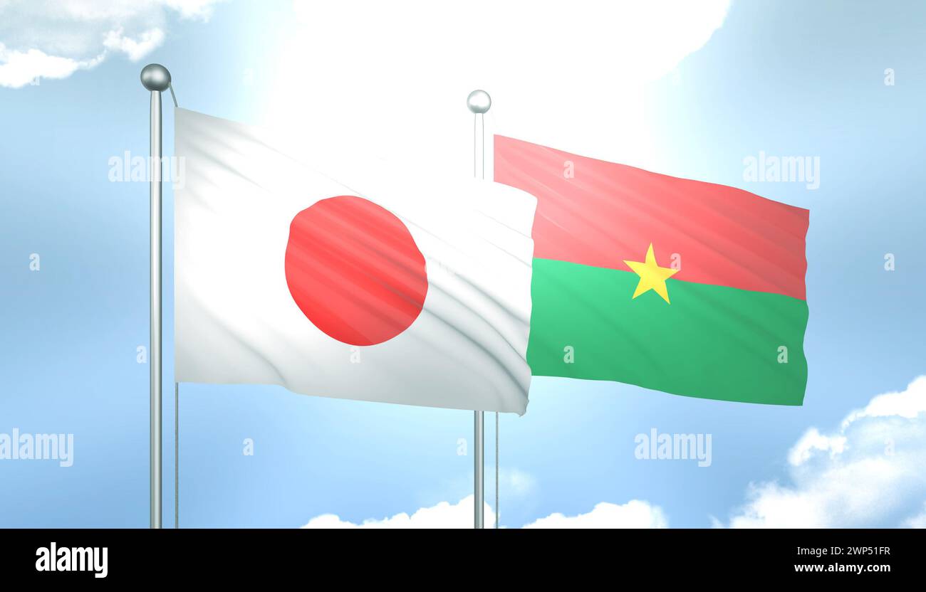 3D Flag of Japan and Burkina faso on Blue Sky with Sun Shine Stock ...