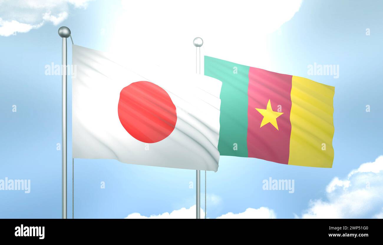 3D Flag of Japan and Cameroon on Blue Sky with Sun Shine Stock Photo ...