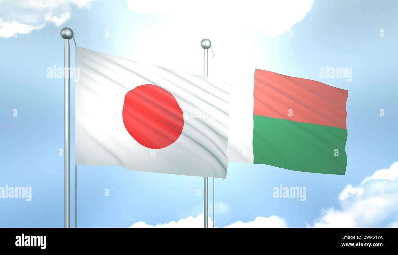 3D Flag of Japan and Madagascar on Blue Sky with Sun Shine Stock Photo ...