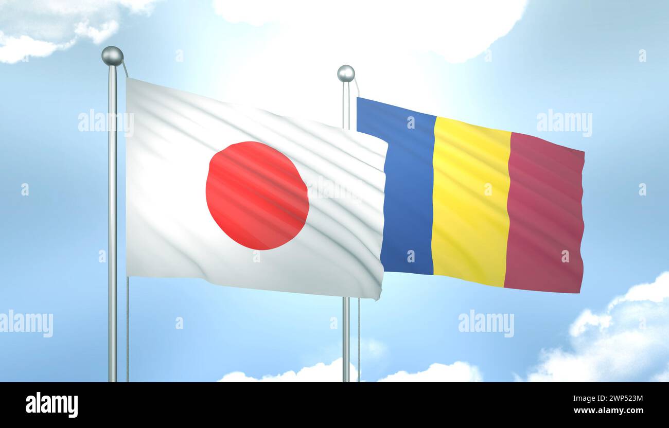 3D Flag of Japan and Romania on Blue Sky with Sun Shine Stock Photo - Alamy