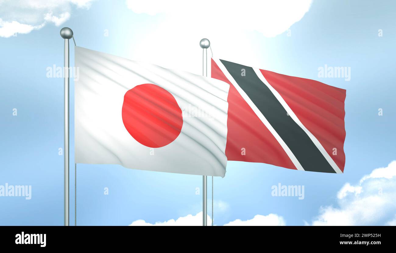 3D Flag of Japan and Trinidad Tobago on Blue Sky with Sun Shine Stock ...