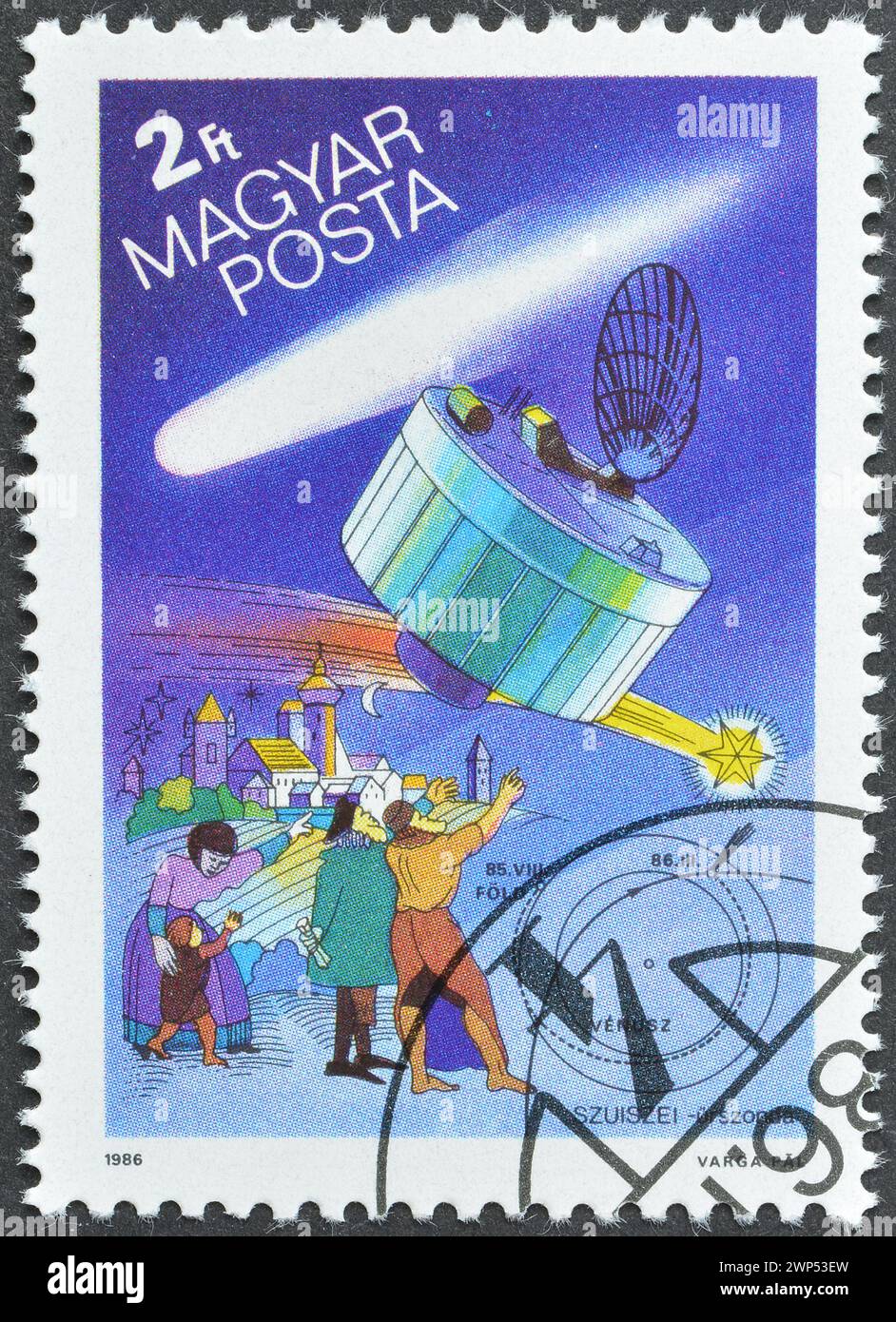 Cancelled postage stamp printed by Hungary, that shows Japanese Suisei ...