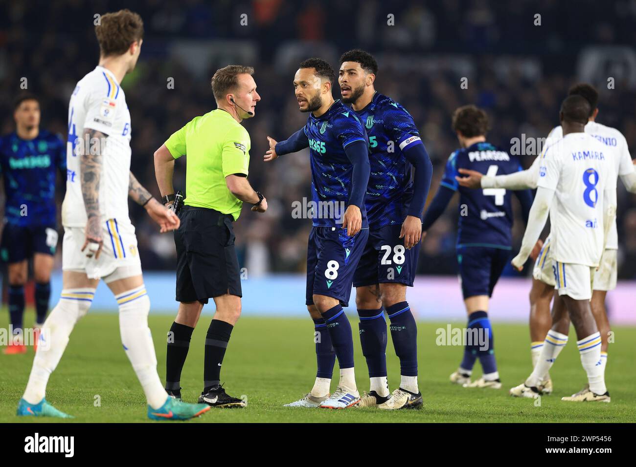 Leeds, UK. 05th Mar, 2024. Lewis Baker of Stoke City appeals to Referee ...