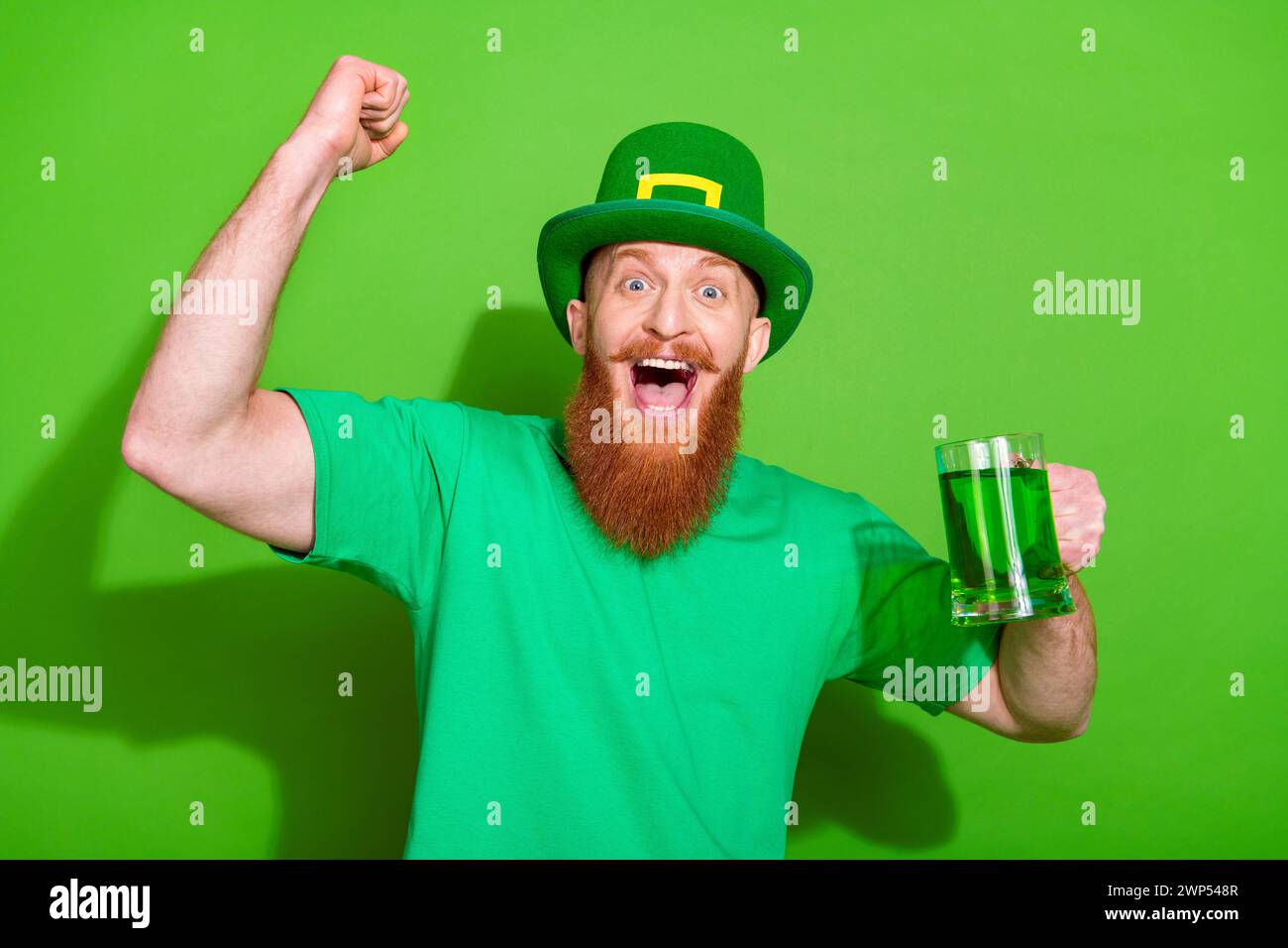 Portrait of funky delighted handsome guy hold beer mug raise fist ...
