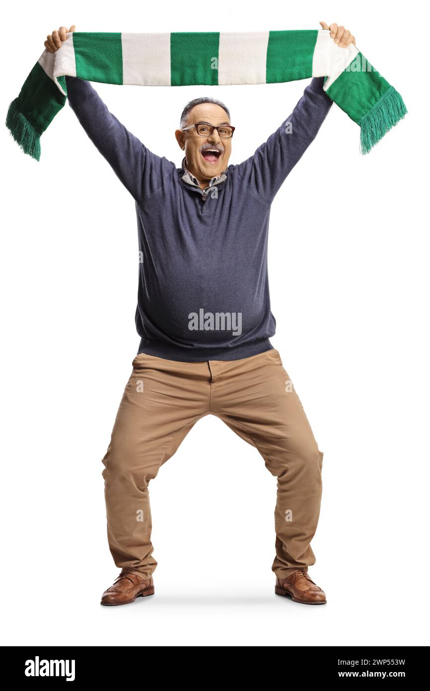 Full length portrait of a happy mature man holding a scarf up isolated ...