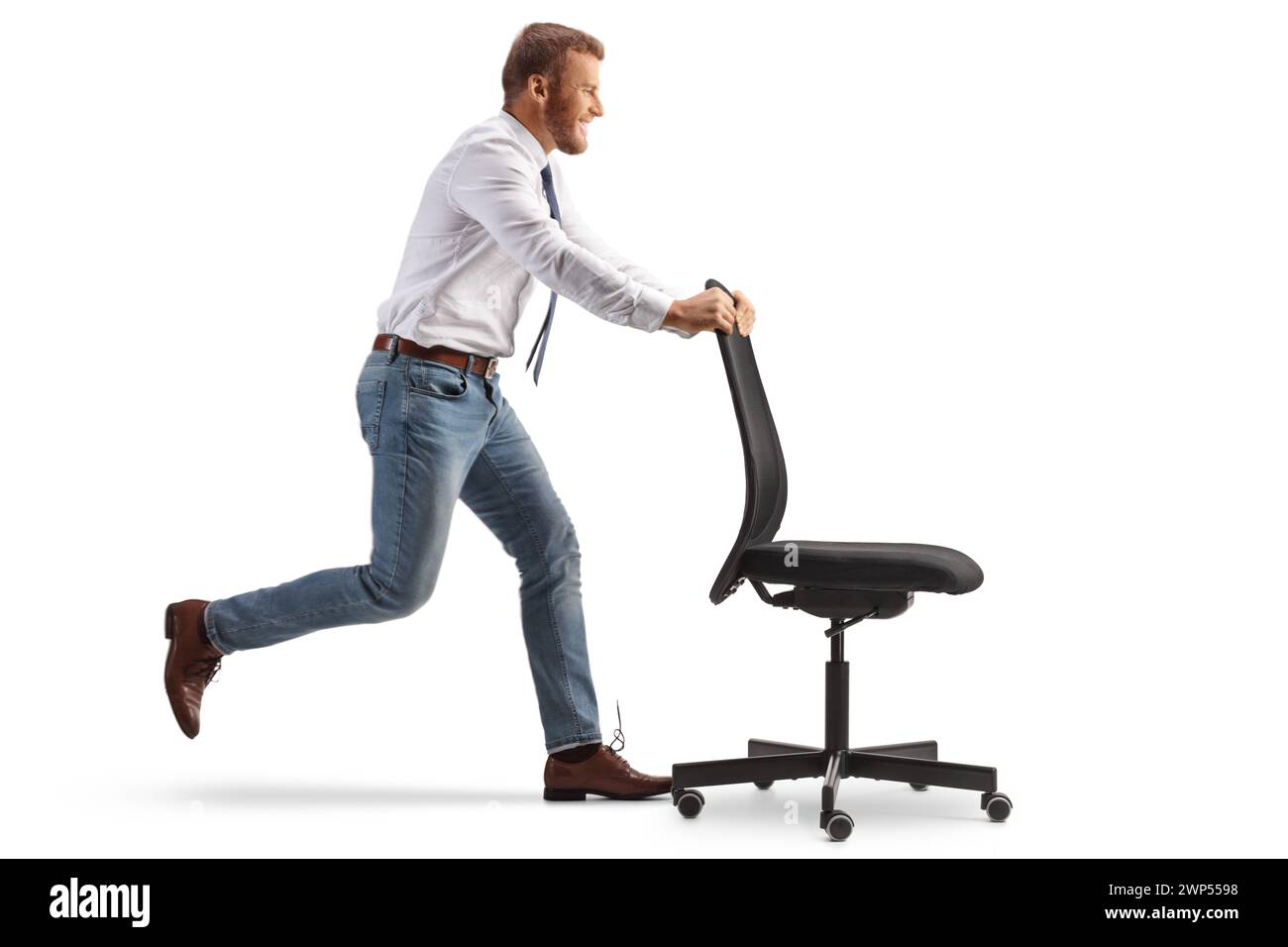 Office worker running and pushing a desk chair isolated on white ...