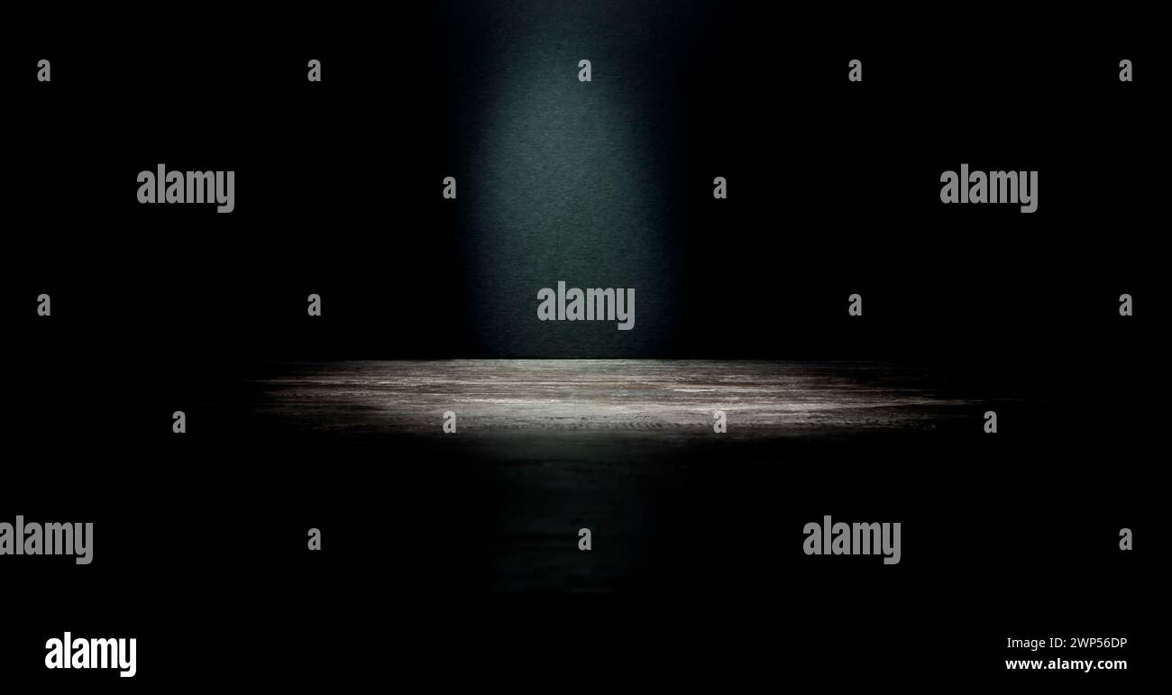 An empty dark stage with a light in the centre. An advertising concept ...