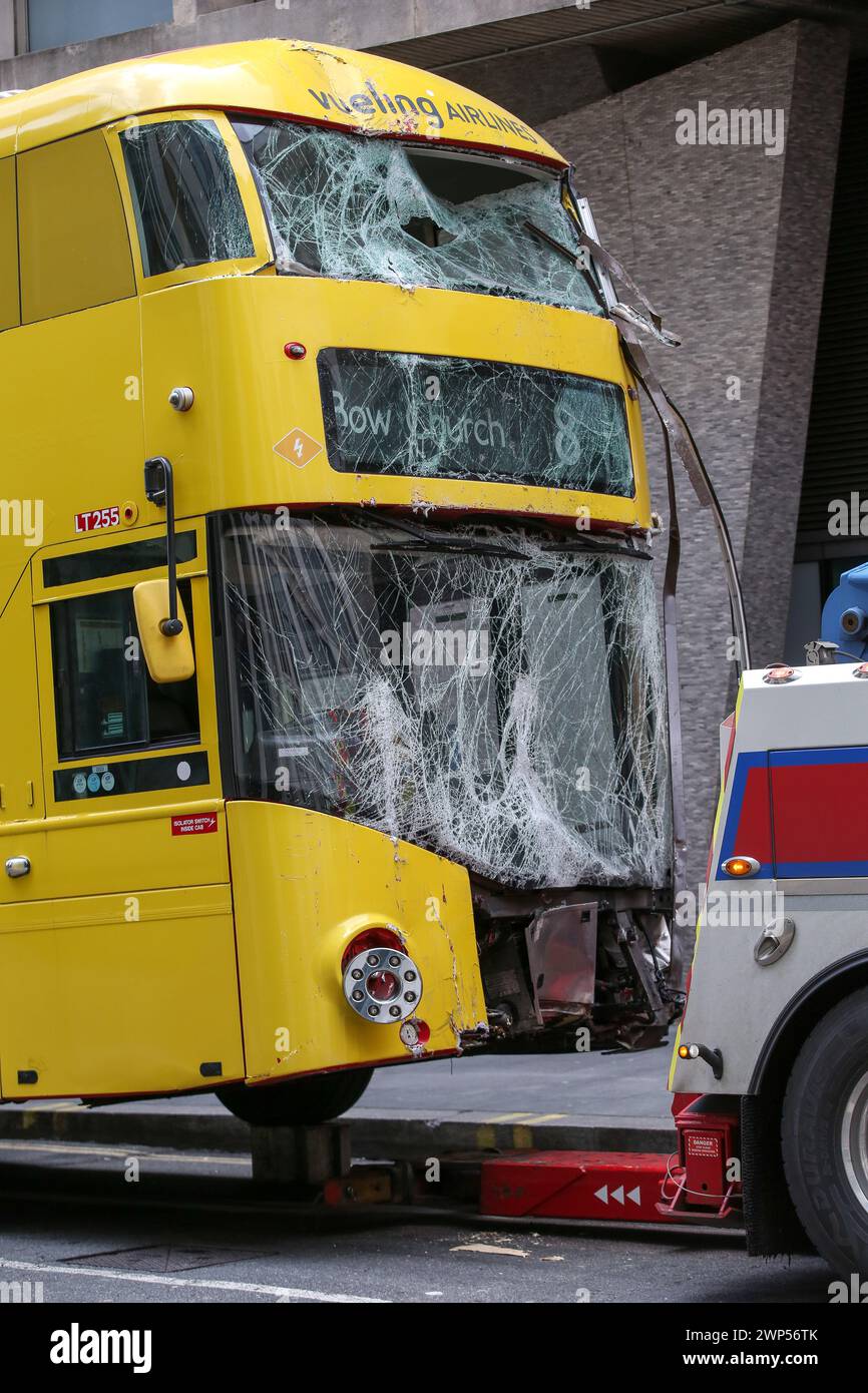 London, UK. 05th Mar, 2024. View of a damaged London bus which crashed ...
