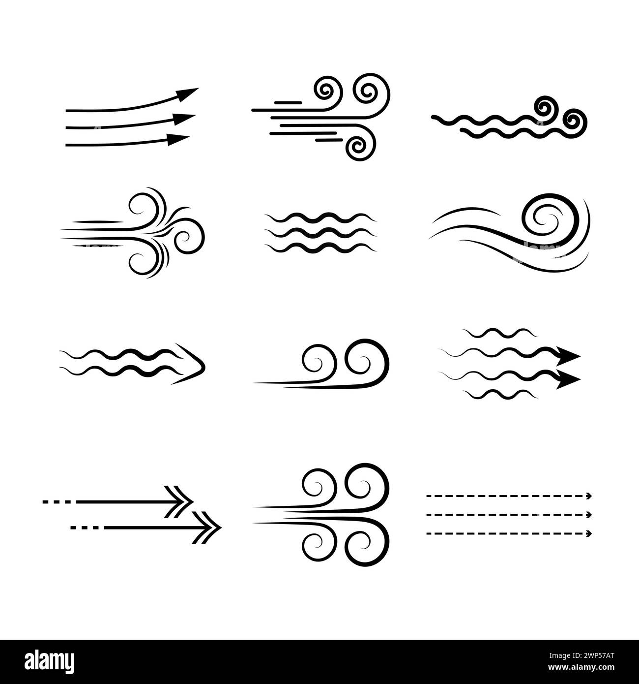 Wind blowing linear icons set, black silhouette icons smell swirling air or fog. Vector elements ...