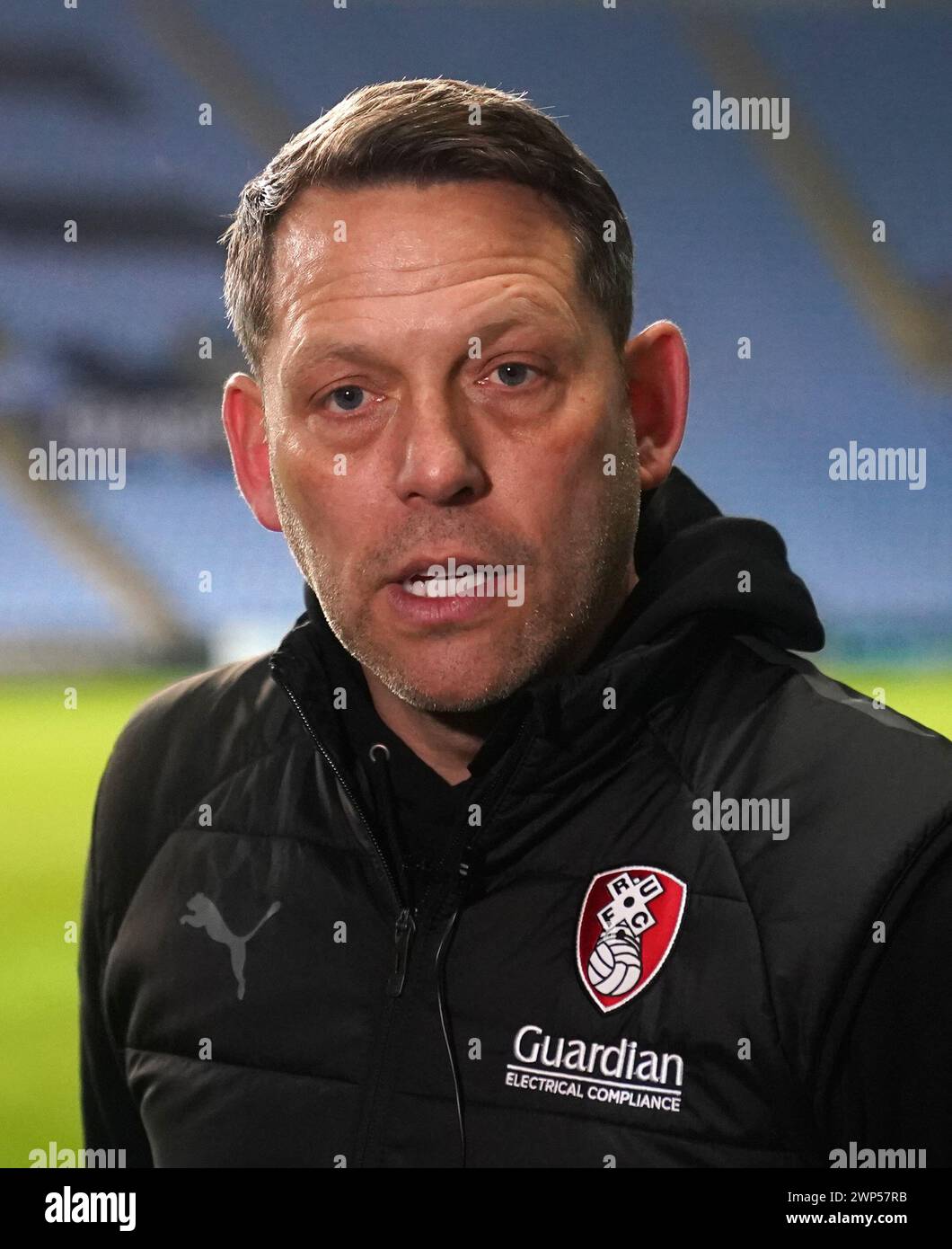 Rotherham United manager Leam Richardson reacts following the Sky Bet ...