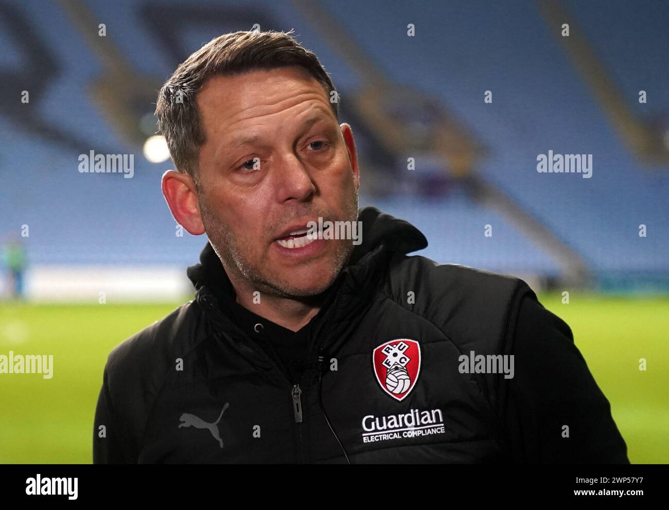 Rotherham United manager Leam Richardson reacts following the Sky Bet ...