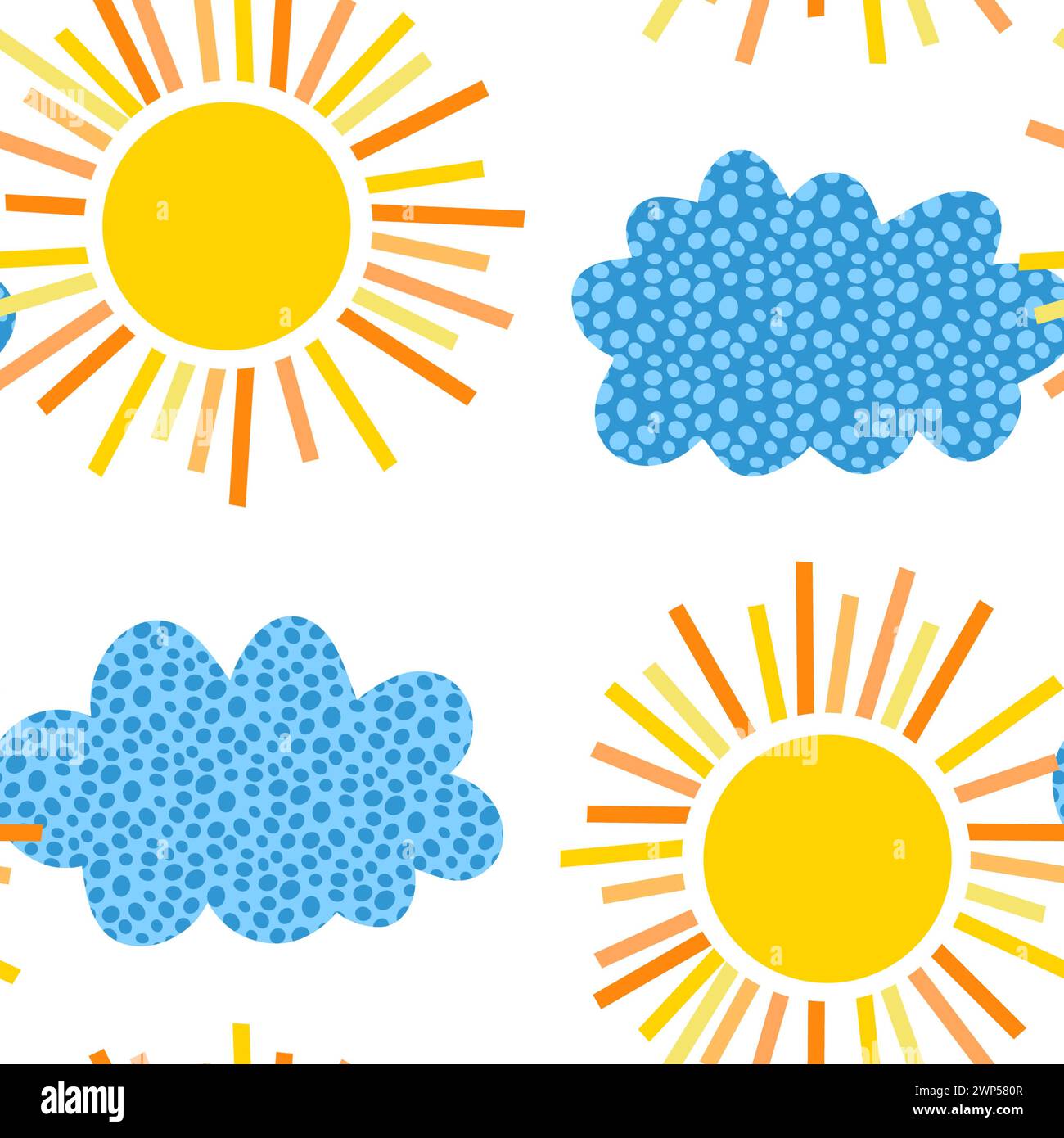 Summer cartoon weather seamless sun and clouds pattern for wrapping ...
