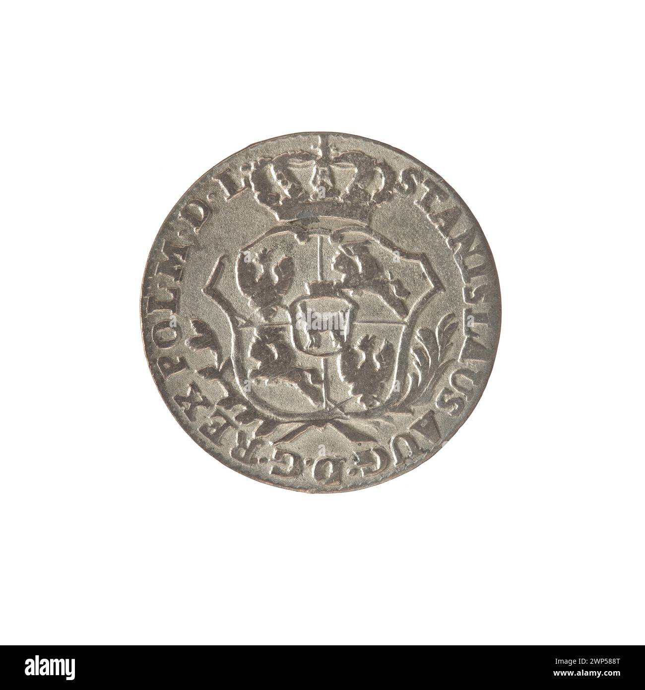 This 1767 Polish coin features a crowned coat of arms with the initials ...