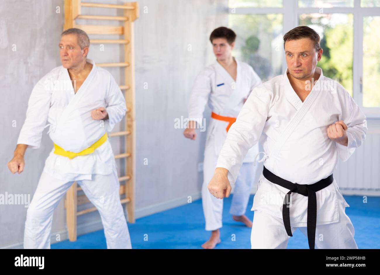 Middle aged man with other athletes of different ages in kimonos try ...