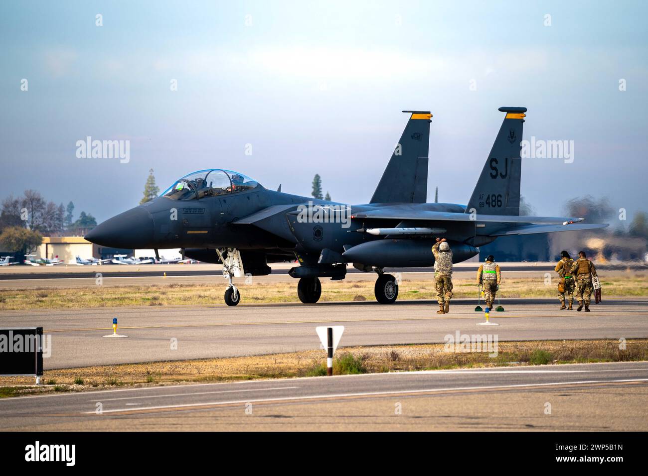 A U.S. Air Force F-15E Strike Eagle from the 4th Fighter Wing taxis for ...