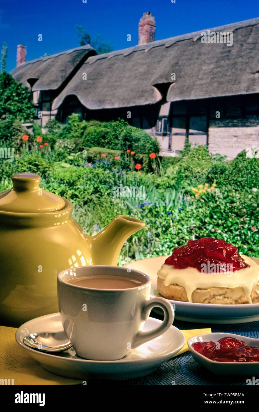 English cream tea, traditional retro vintage style alfresco Devon tea ...