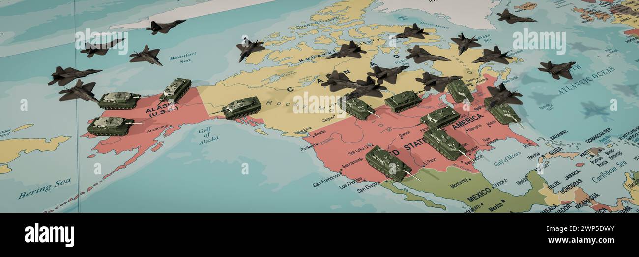 Image fusing military elements with a map of North America, symbolizing ...