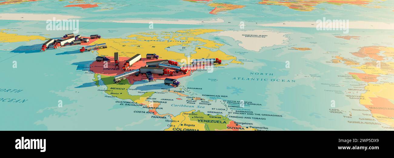 Artistic composition of trucks merging into a map of North America ...