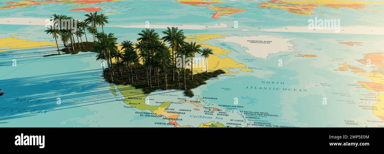 Illustration blending palm trees with a map backdrop, creating a ...