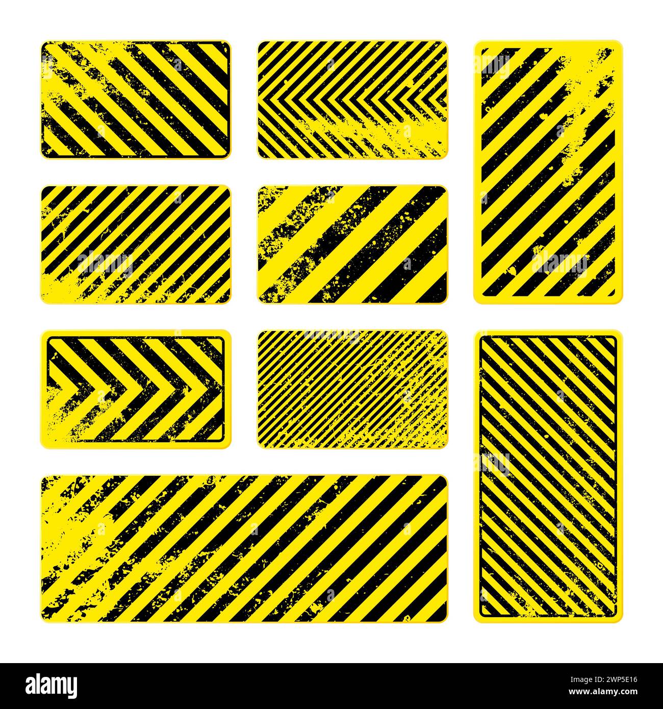 Various yellow grunge warning signs with diagonal lines. Old attention ...