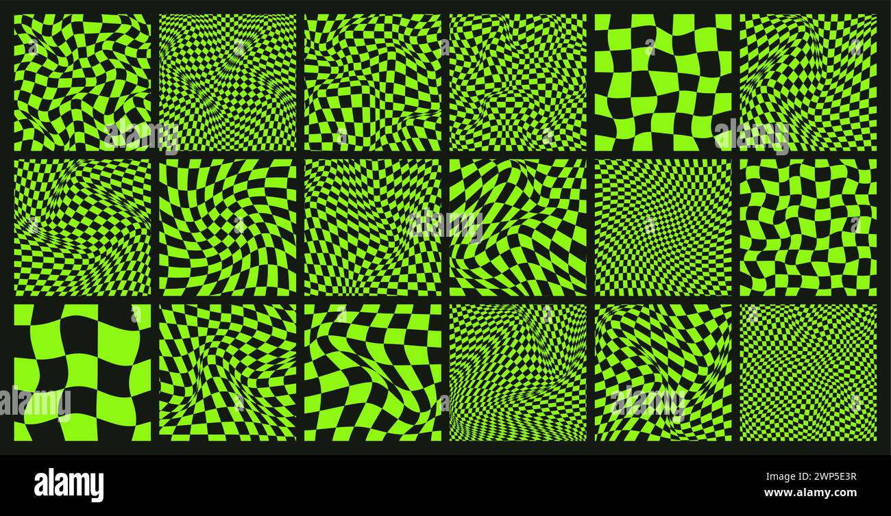 Trendy checkered pattern, black and green distorted tiled grid. Wavy ...