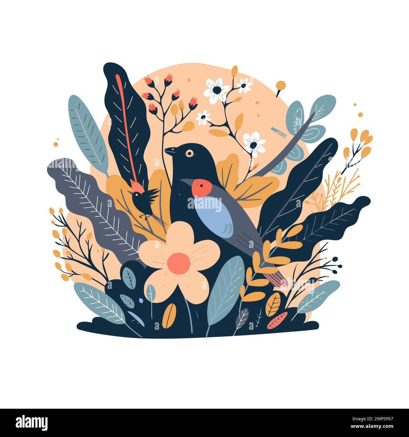 Springtime vector illustration of flowers, birds and plants, minimalist ...