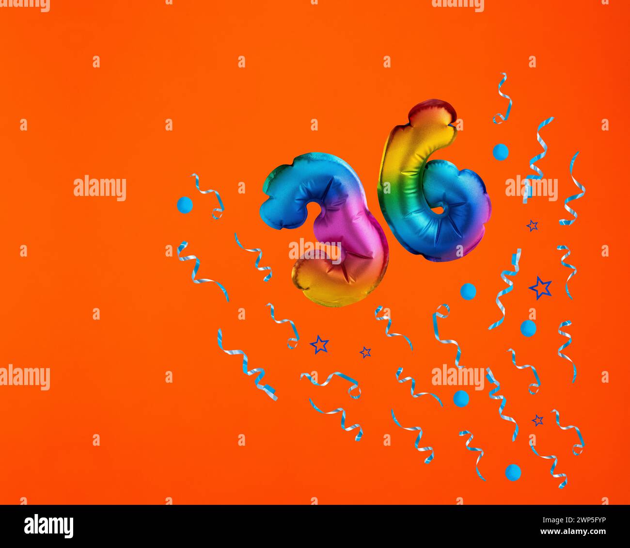 Multicolor balloon number 36 - Confetti explosion on orange background ...