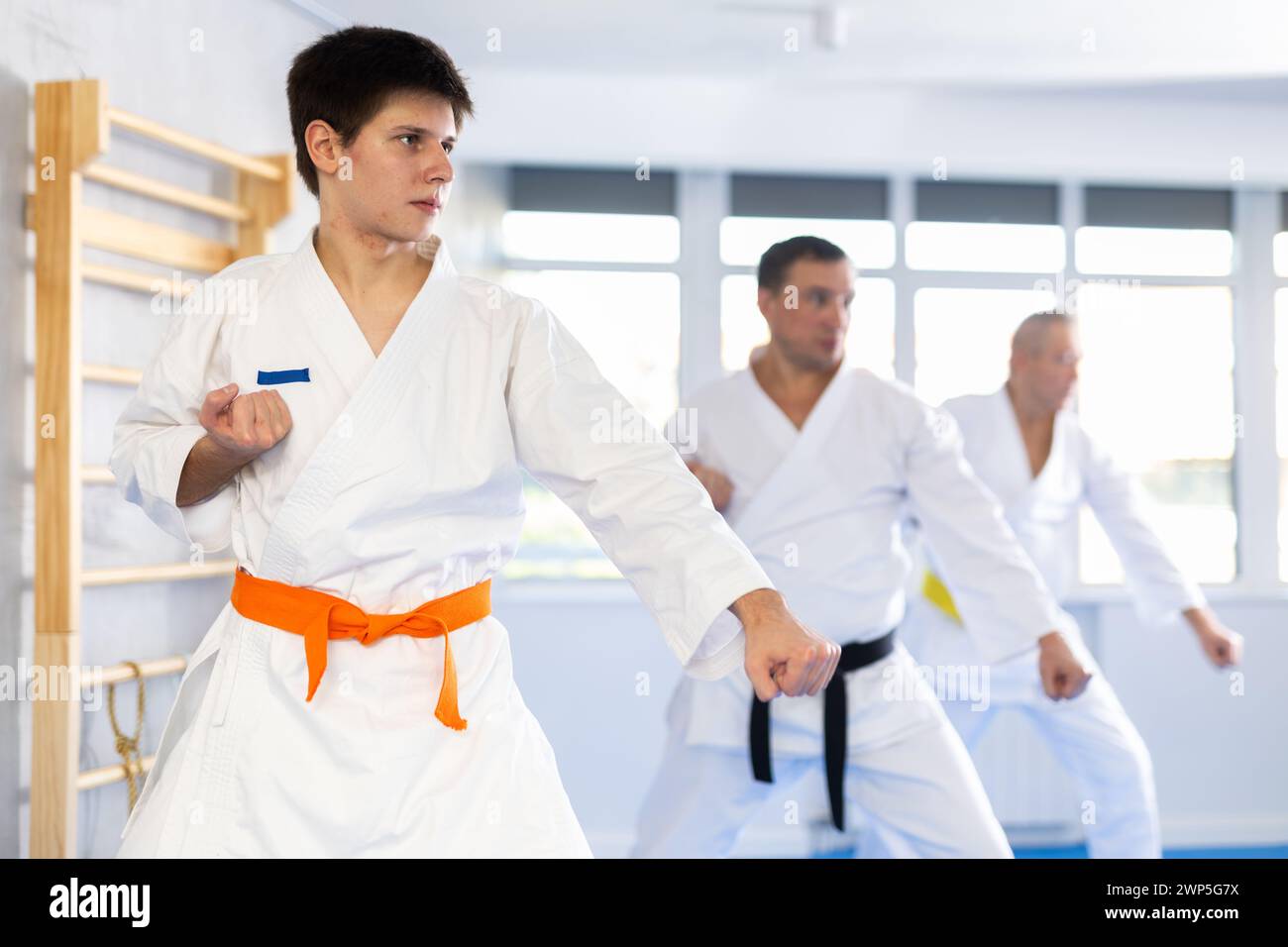 Fighting stance of men of different ages during group karate training ...