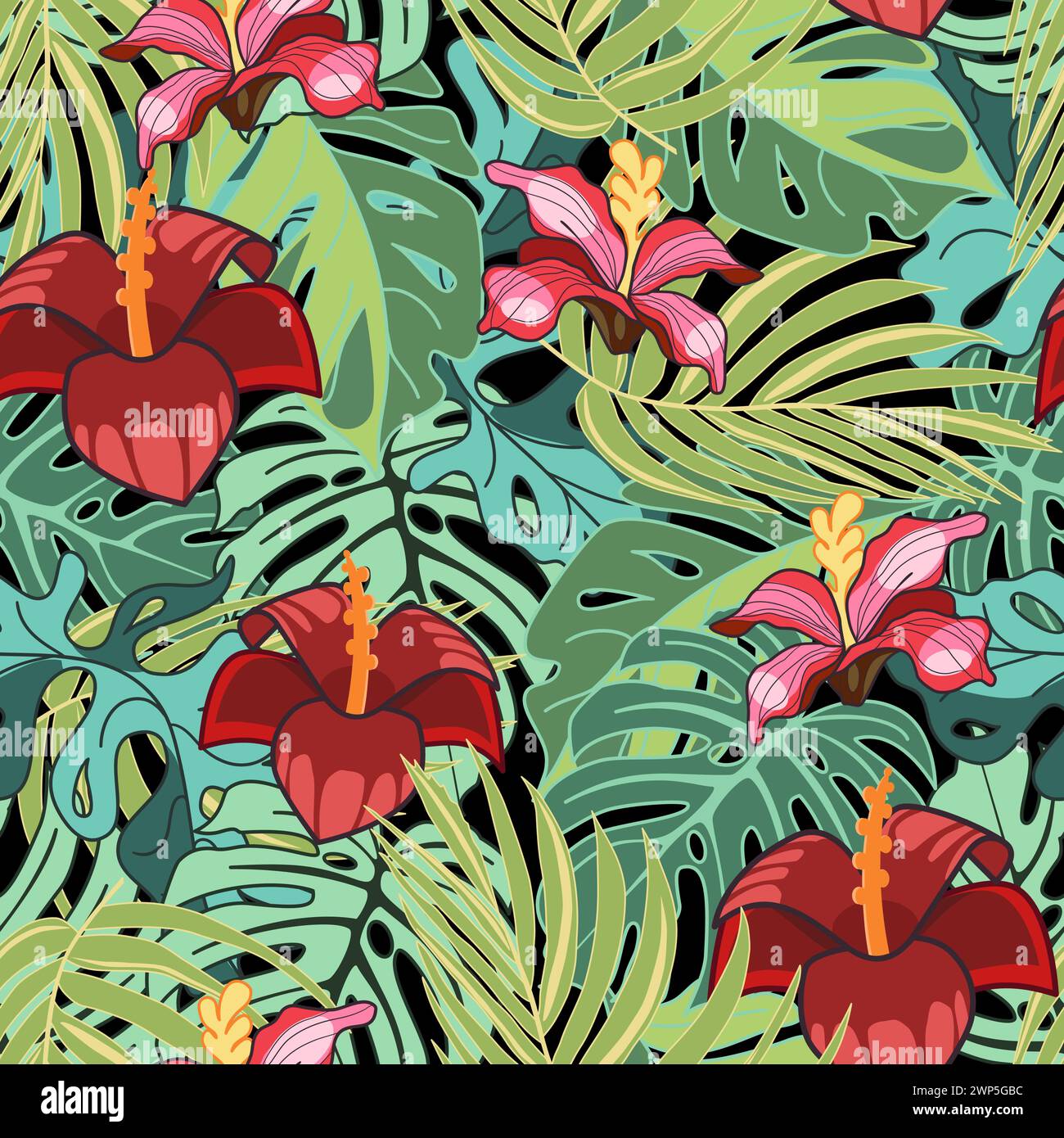 Tropical rainforest seamless pattern with exotic flowers and leaves ...