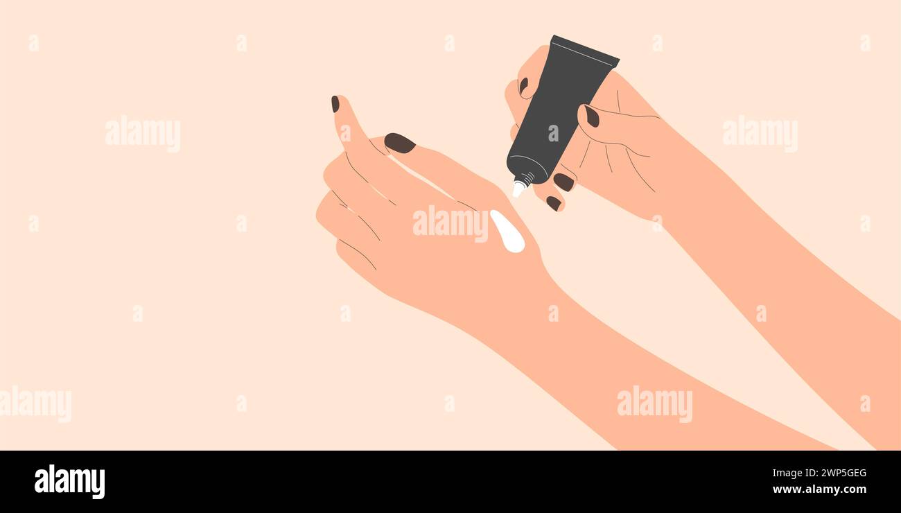 Vector illustration of hands holding a tube of cream. Female Hands With ...