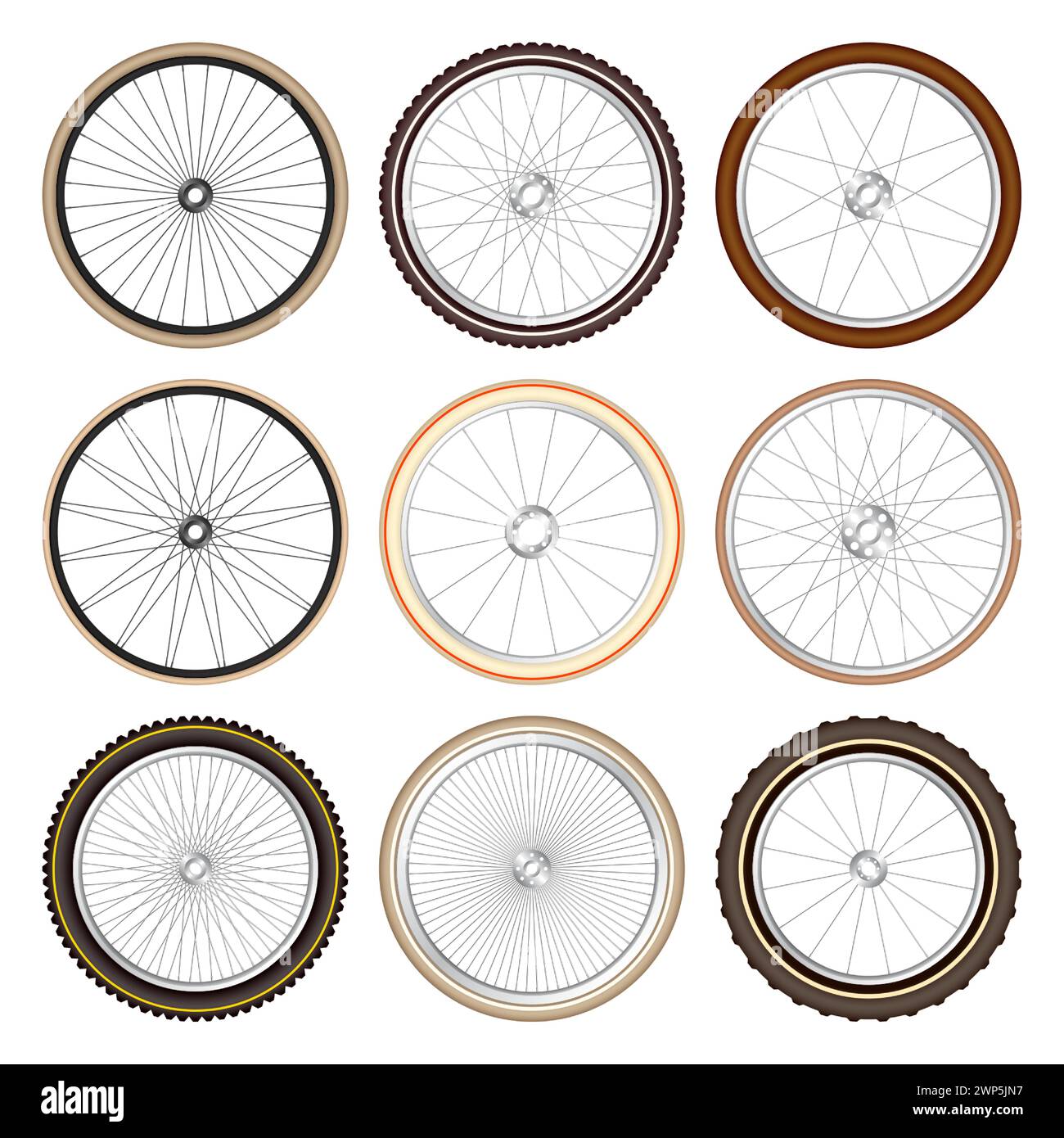 Realistic 3d retro bicycle wheels. Vintage bike rubber tyres, shiny ...