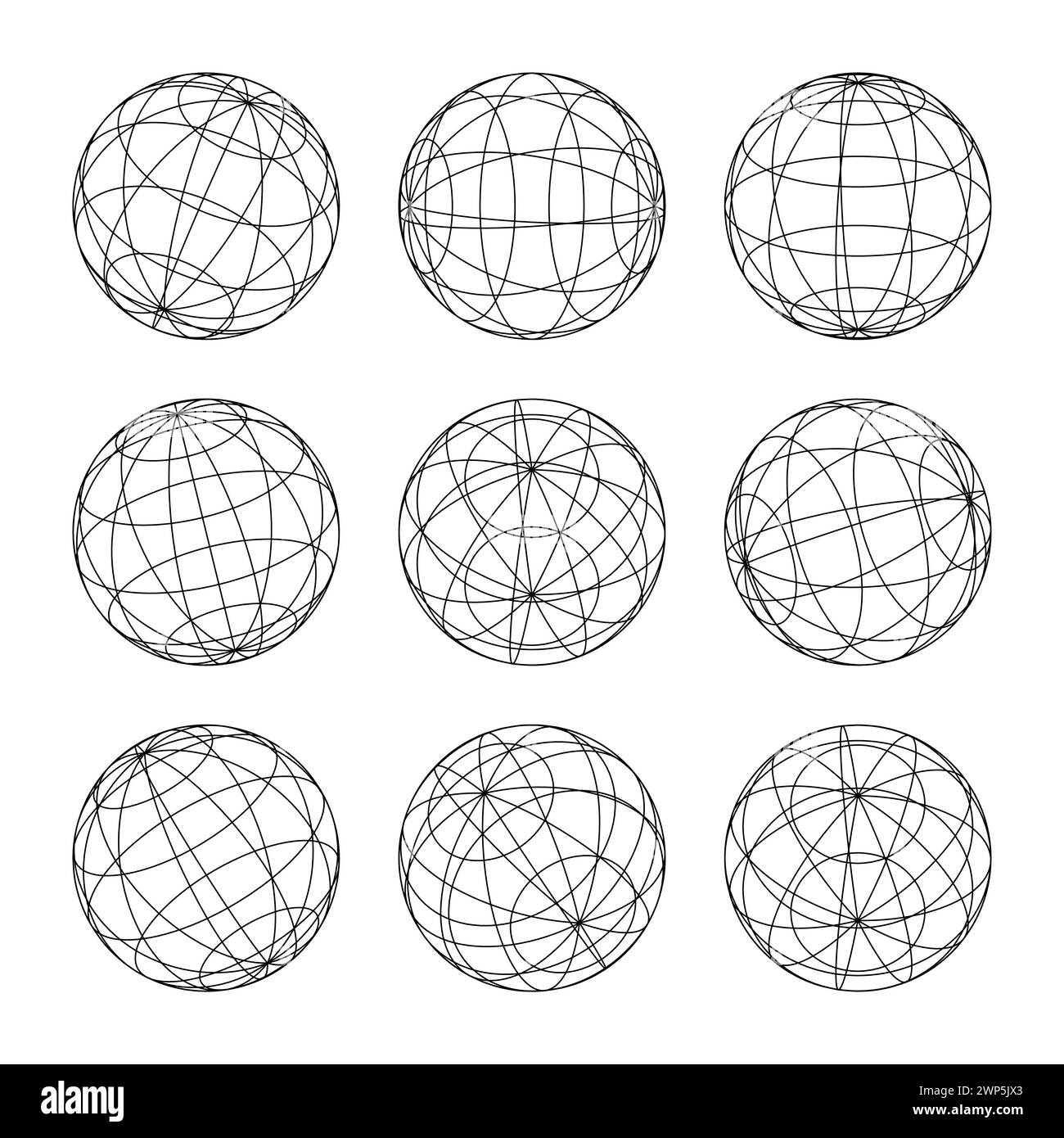 Wireframe shapes, lined sphere. Perspective mesh, 3d grid. Low poly ...