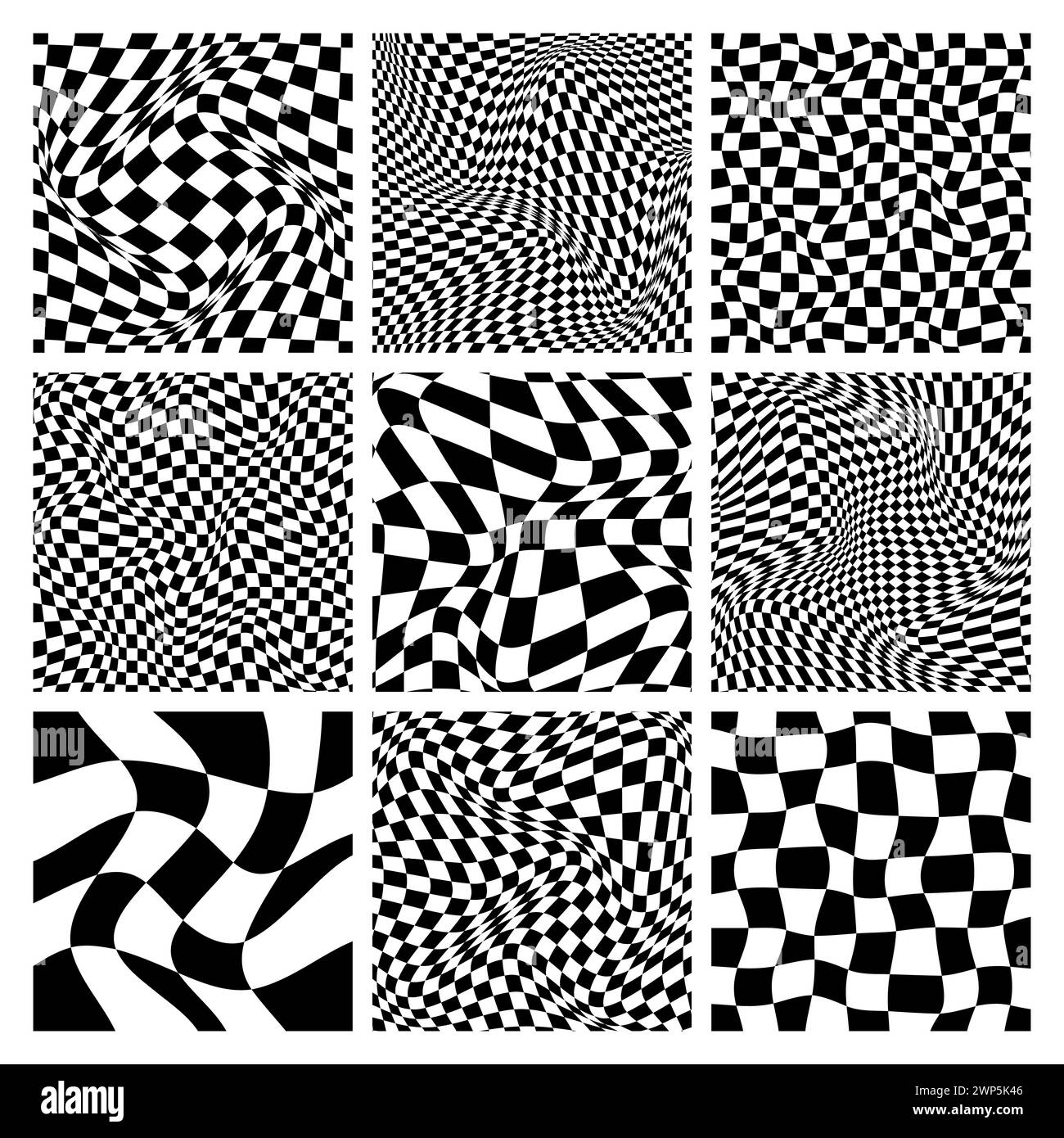 Trendy checkered pattern, black and white distorted tiled grid. Wavy curved backdrop, distortion ...