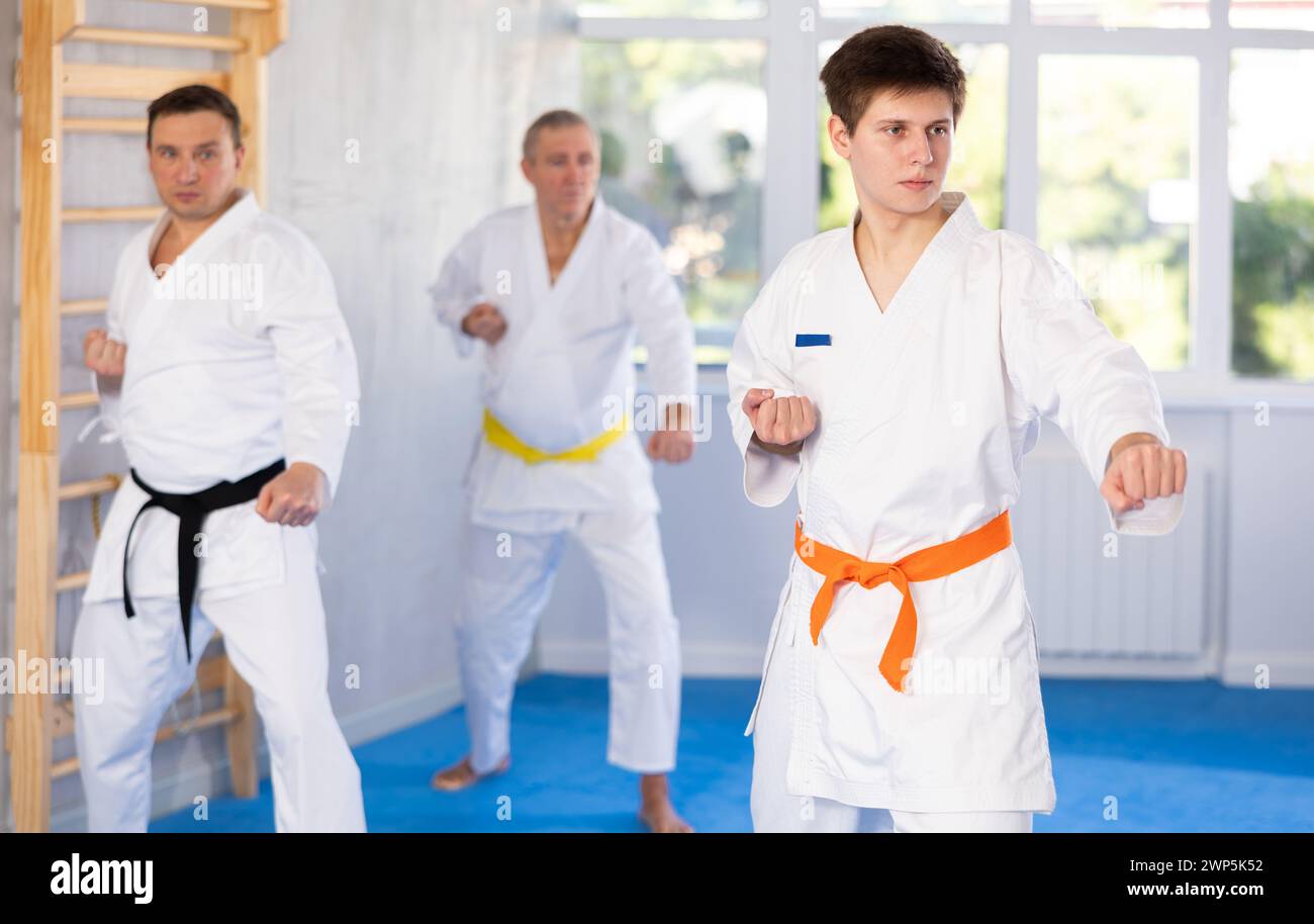 Fighting stance of men of different ages during group karate training ...