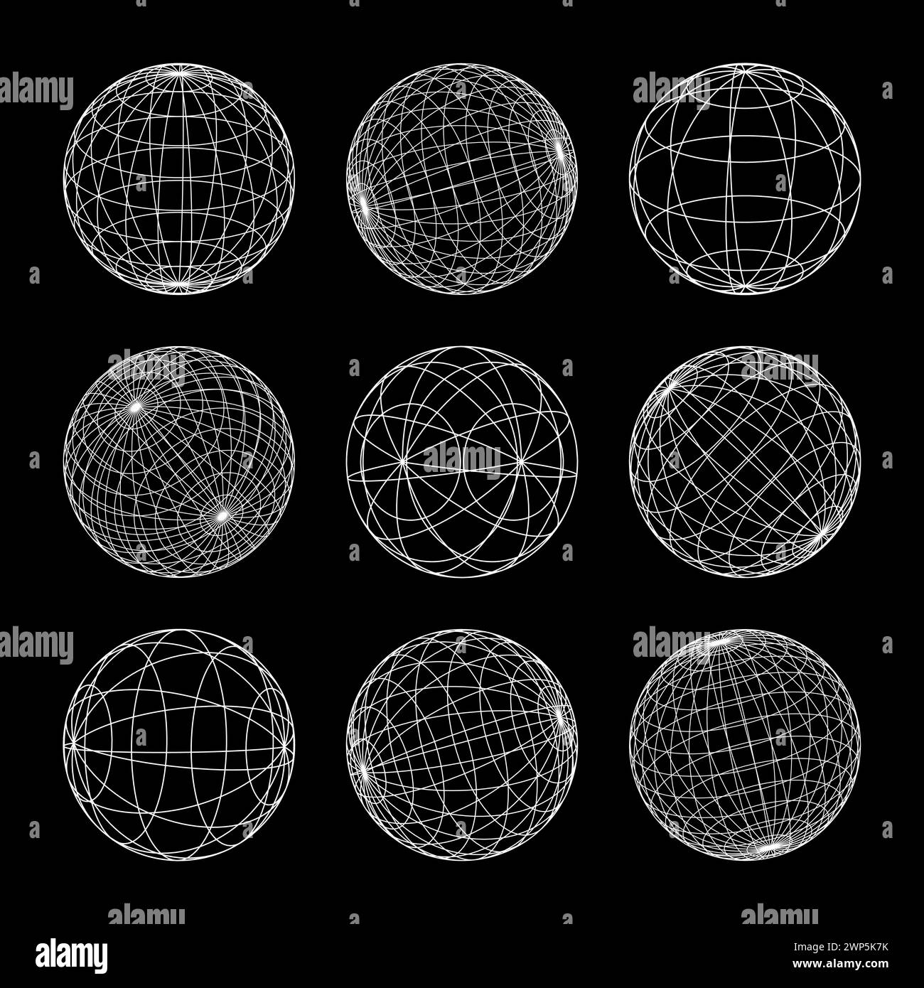 Wireframe shapes, lined sphere. Perspective mesh, 3d grid. Low poly ...
