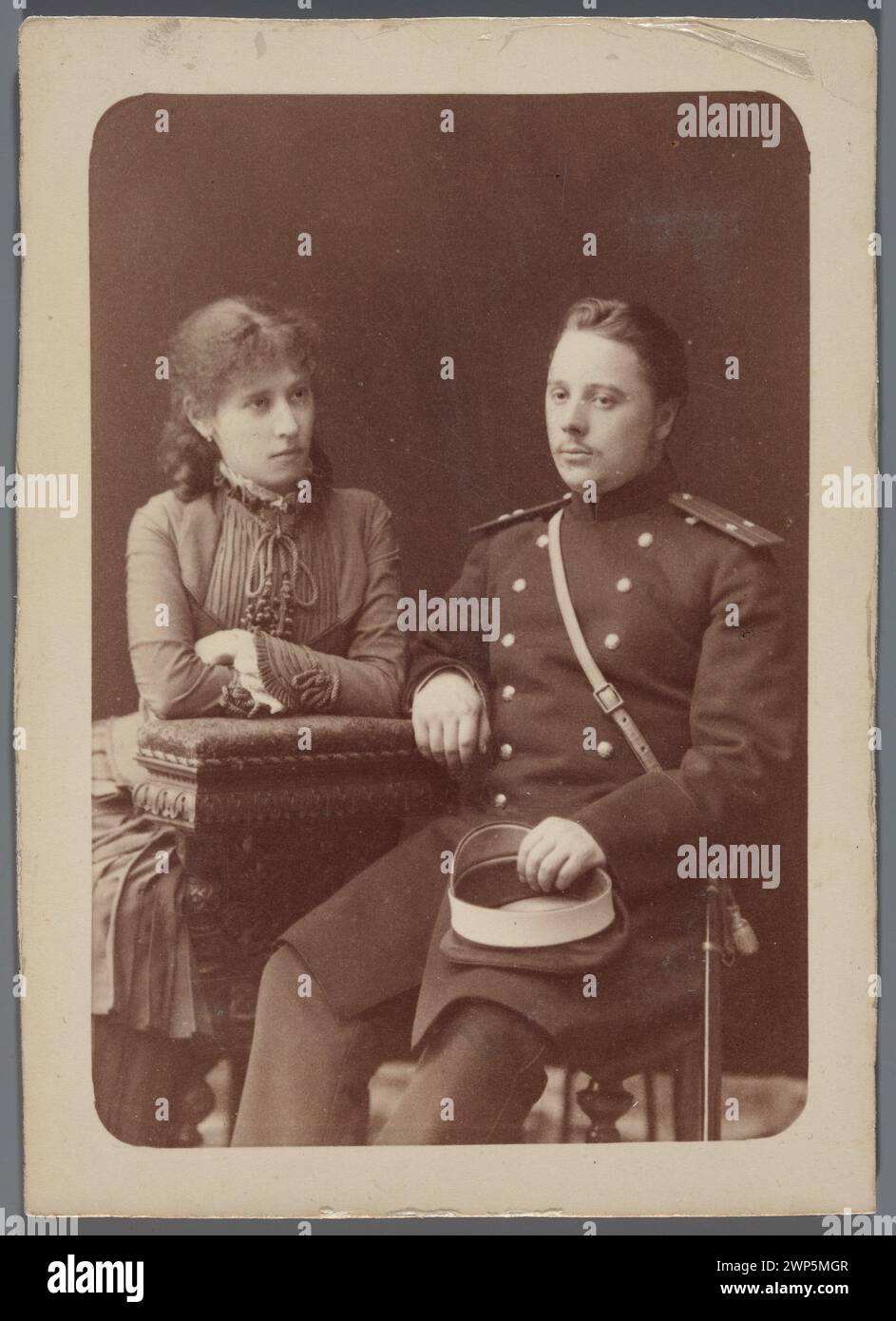 Portrait of a young woman and a young man in uniform; Szapiro ...