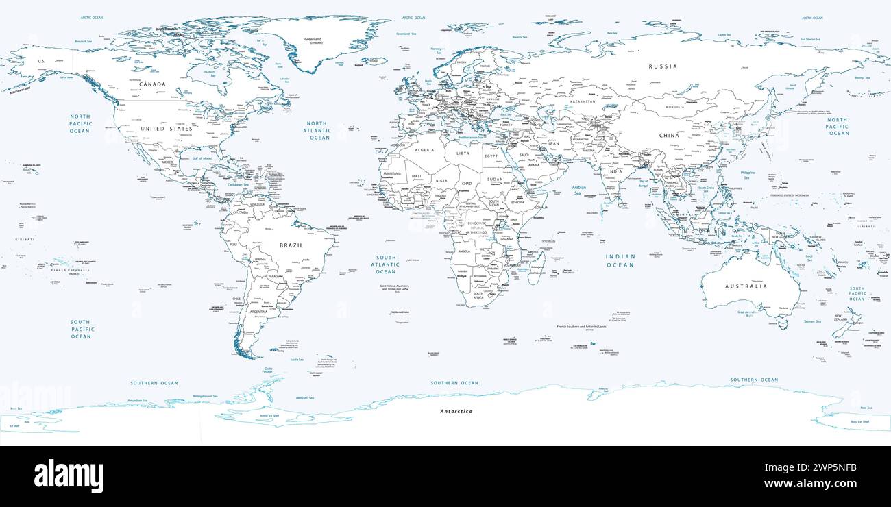 Political Simple Outline World Map Equirectangular Projection Stock