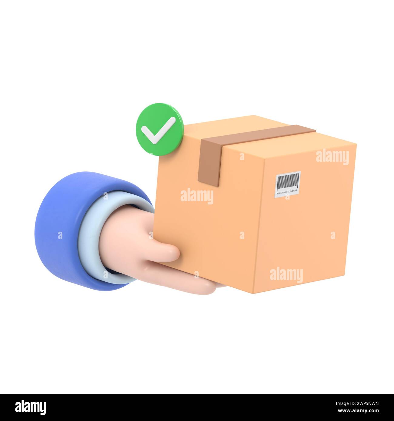 3D Hand holding parcel with check mark. Delivery of order in cardboard ...