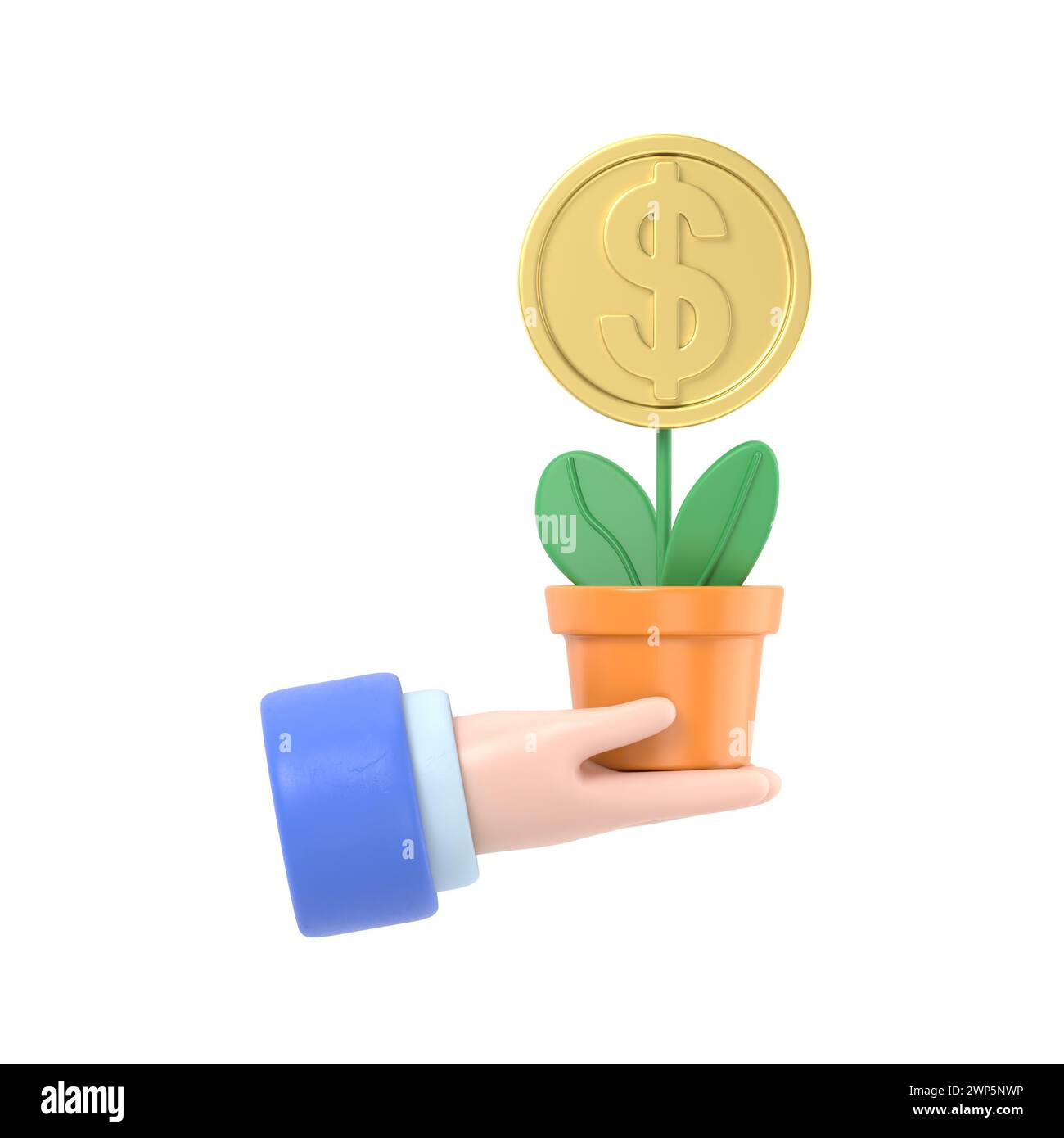 3d pot of plant with gold coin flower in hand on white background ...