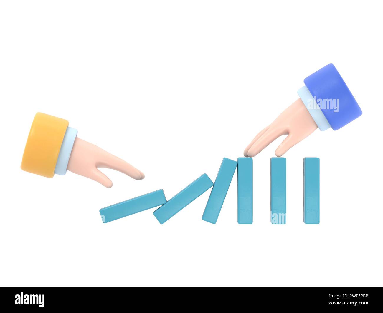 Domino effect concept. One man pushes the dominoes and second stops ...