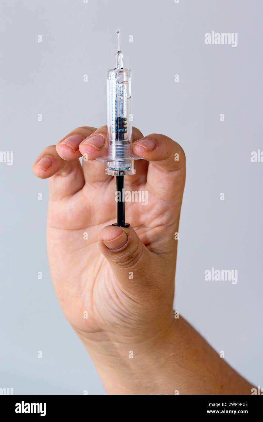 Syringe, medical injection in hand, medicinal plastic vaccination ...