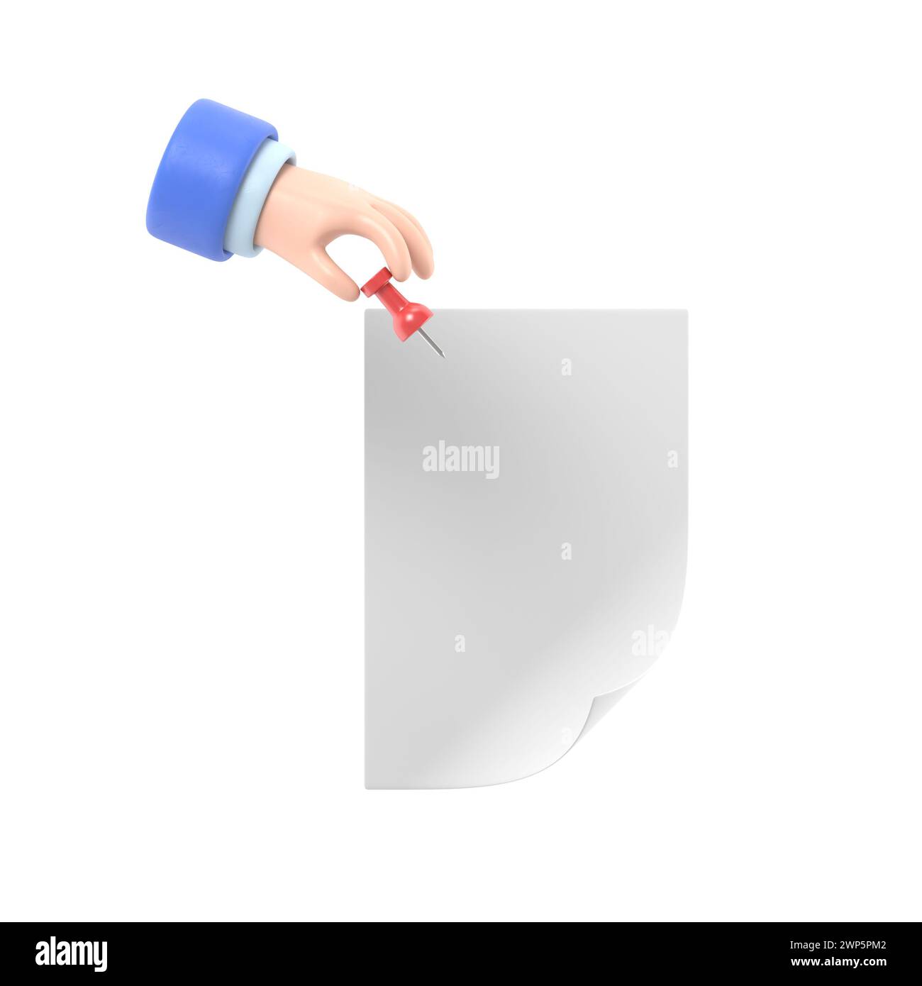Paper push pins. Thumbtack in hand man. Empty white sheet. 3D ...