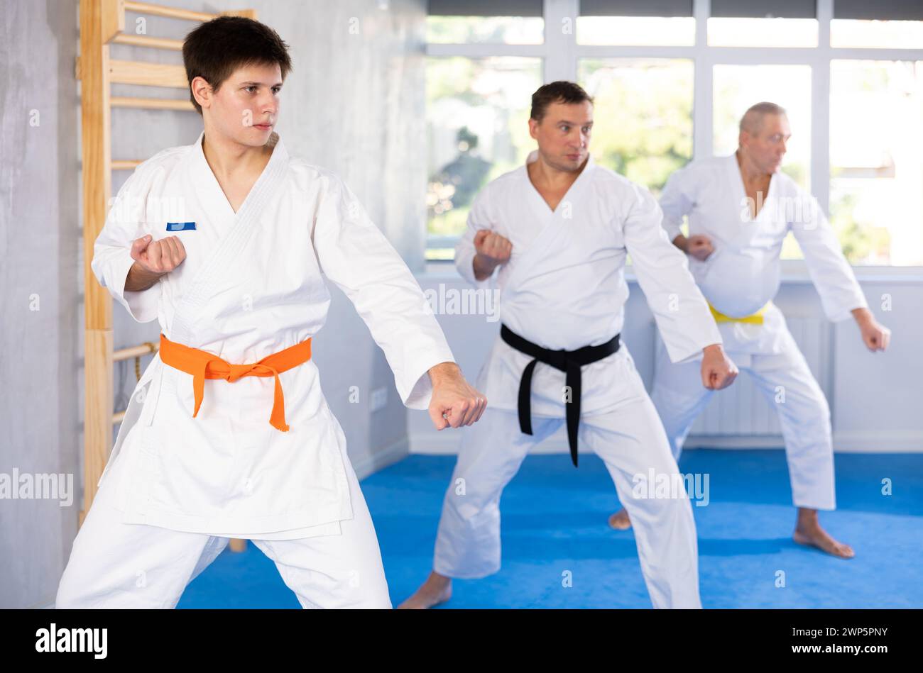 Young judo fighter in kimono practicing punches durig kata with group ...