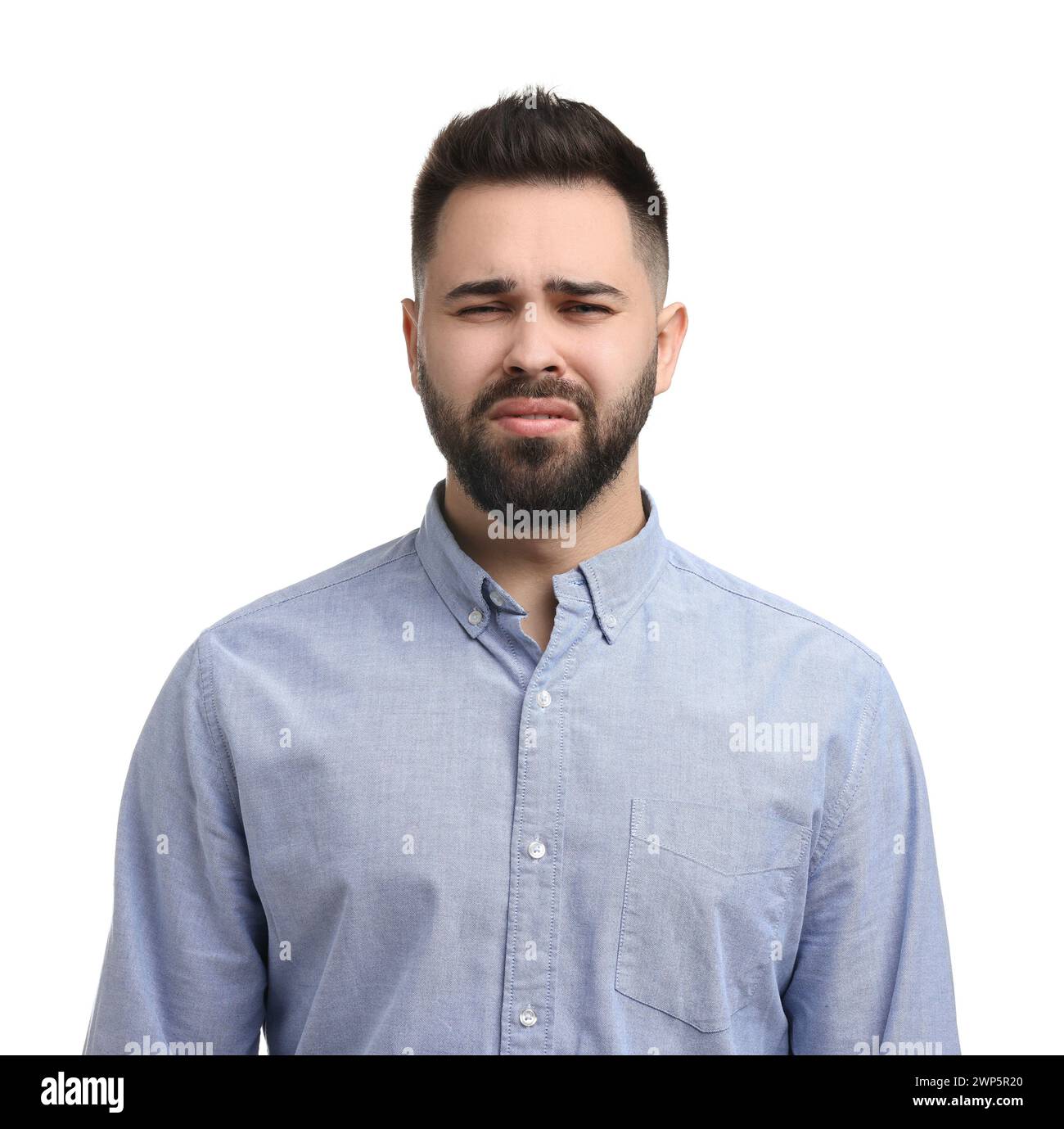 Portrait of sad man on white background Stock Photo - Alamy