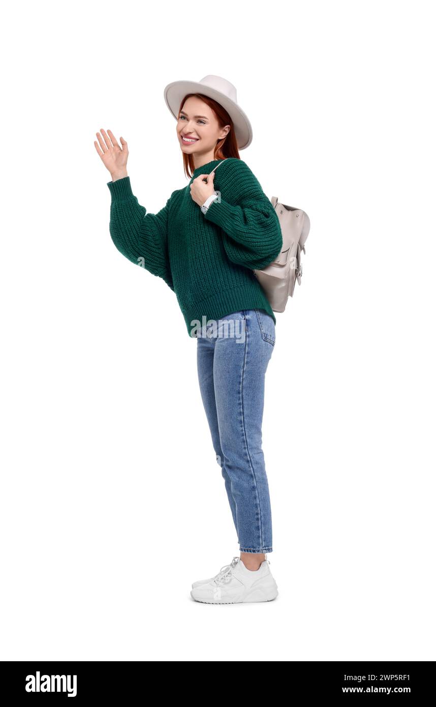 Trendy woman in hat backpack hi-res stock photography and images - Alamy