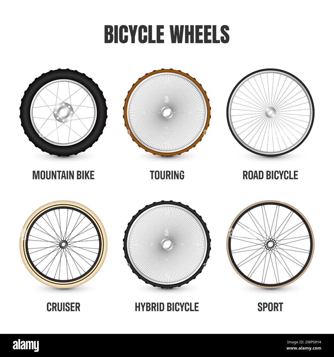 Realistic 3d bicycle wheels. Bike rubber tyres, shiny metal spokes and ...