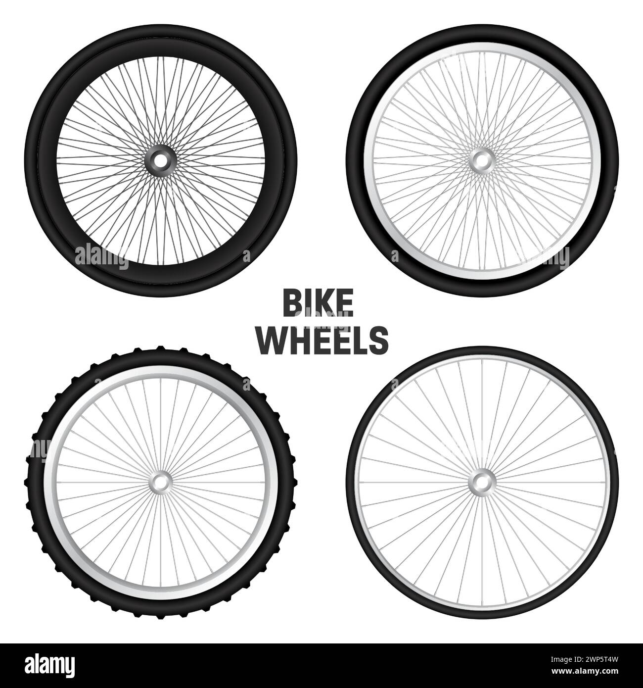 Realistic 3d bicycle wheels. Bike rubber tyres, shiny metal spokes and ...