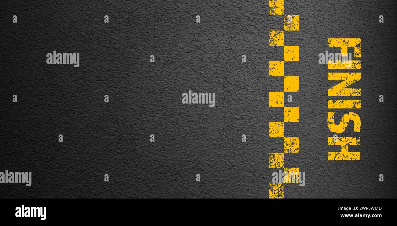 Asphalt road with yellow finish line marking, concrete highway surface ...