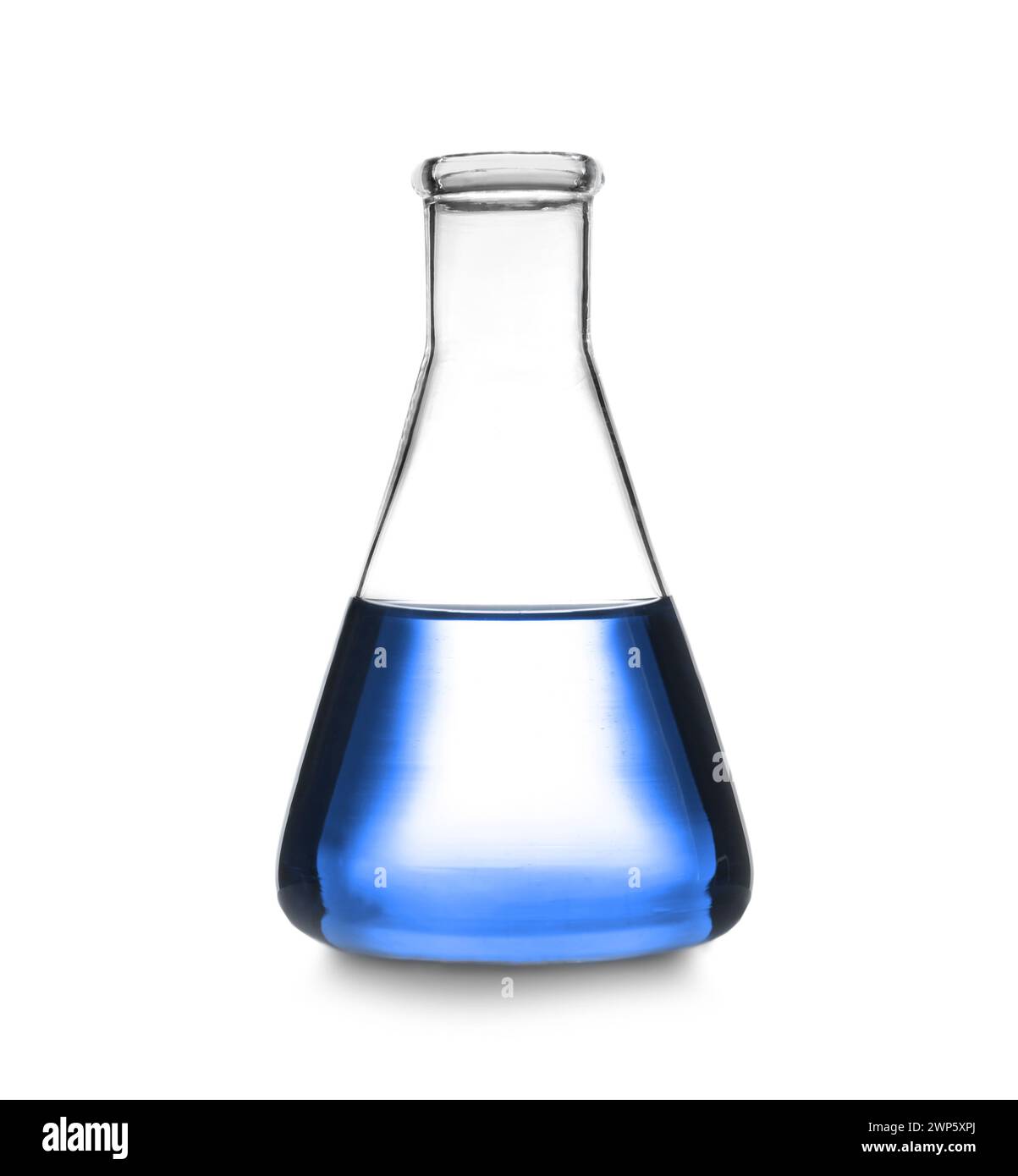 Conical flask with blue liquid isolated on white. Laboratory glassware ...
